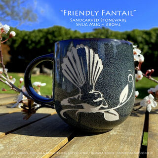 Friendly Fantail Sandcarved Stoneware Glazed Snug Mug - Hunting4Art NZ