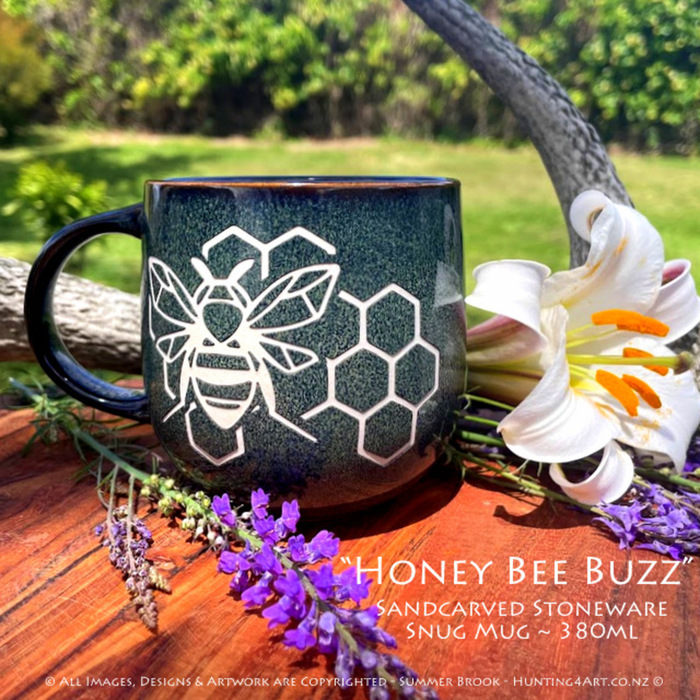 Honey Bee Buzz Sandcarved Stoneware Glazed Snug Mug - Hunting4Art Ltd