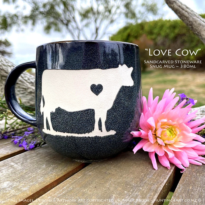 Love Cow Sandcarved Stoneware Glazed Snug Mug - Hunting4Art Ltd