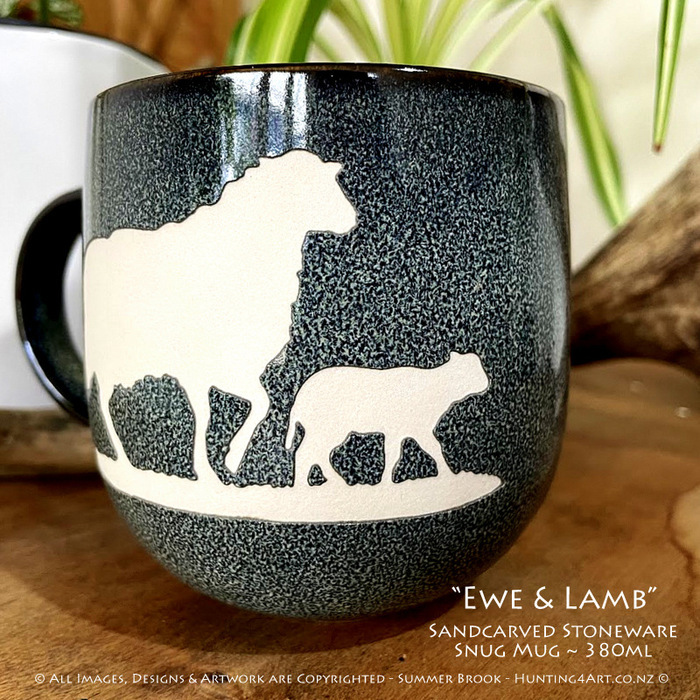 Ewe Lamb Sandcarved Stoneware Glazed Snug Mug - Hunting4Art Ltd